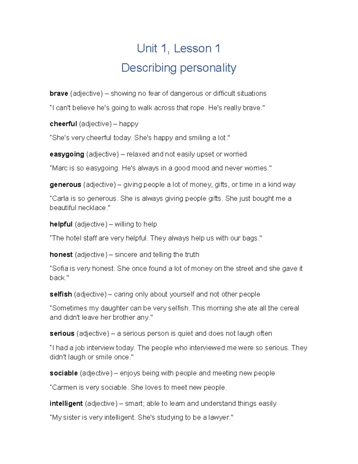 Vocabulary Units 1-6 - verbs - Unit 1, Lesson 1 Describing personality ...