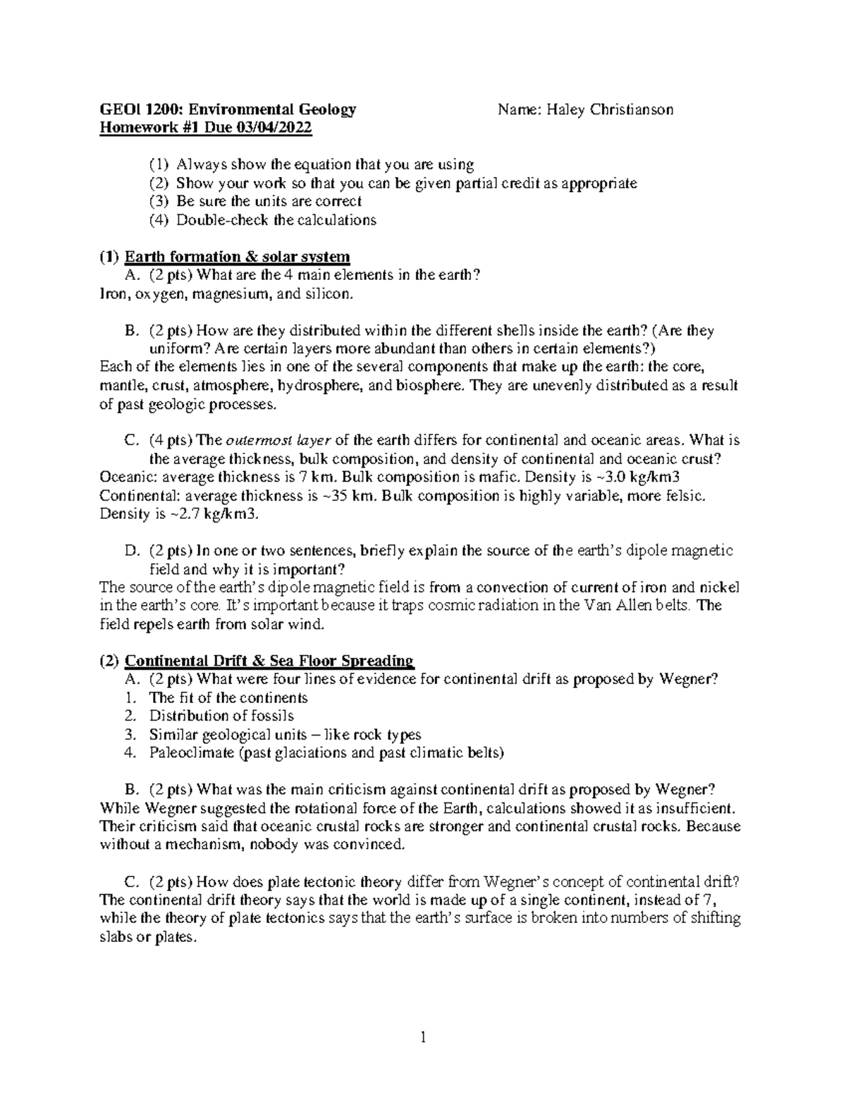 Geology Homework 1 - GEOl 1200: Environmental Geology Name: Haley ...