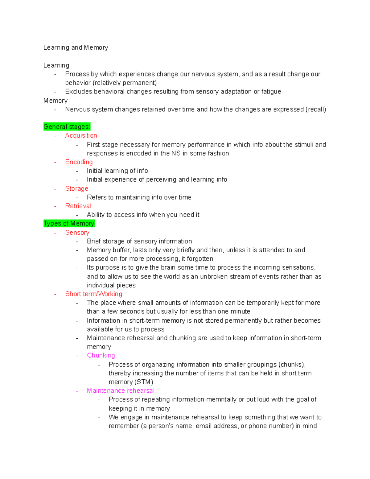 Biopsych Module 10 - Learning and Memory Learning - Process by which ...