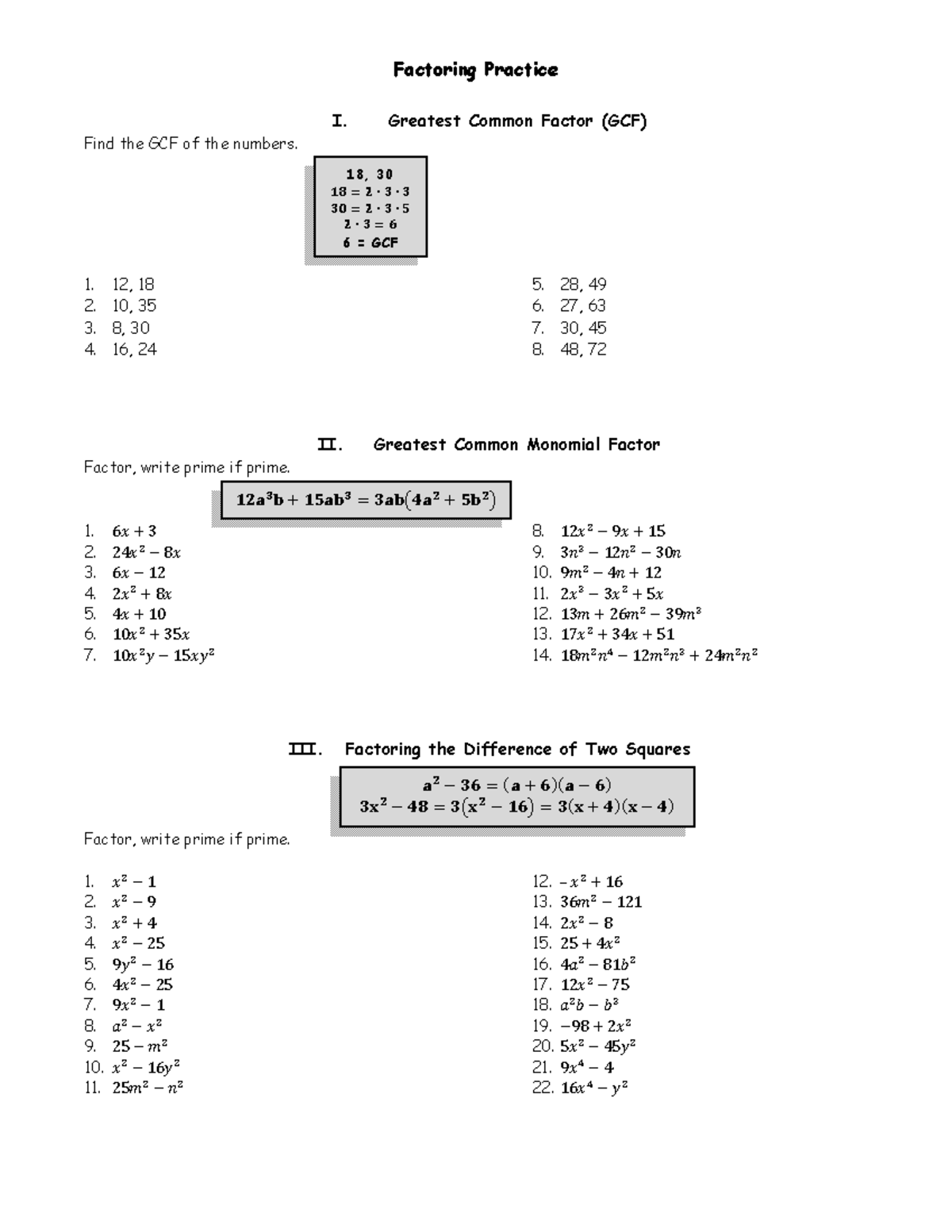 Factoring Practice - dsdfsdfsdfsd - Factoring Practice I. Greatest ...