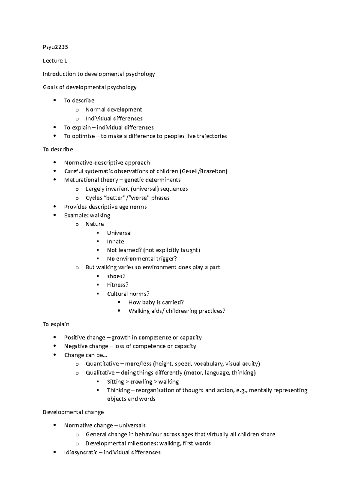 Psyu2235-lectures - wgjpo4 - Psyu Lecture 1 Introduction to developmental psychology Goals of ...