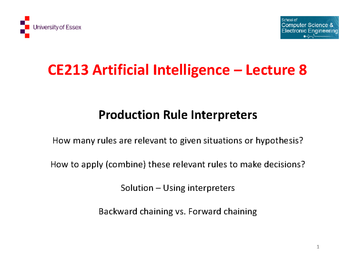 Lecture 8 Production Rule Interpreters - Forward chaining 1 Production ...