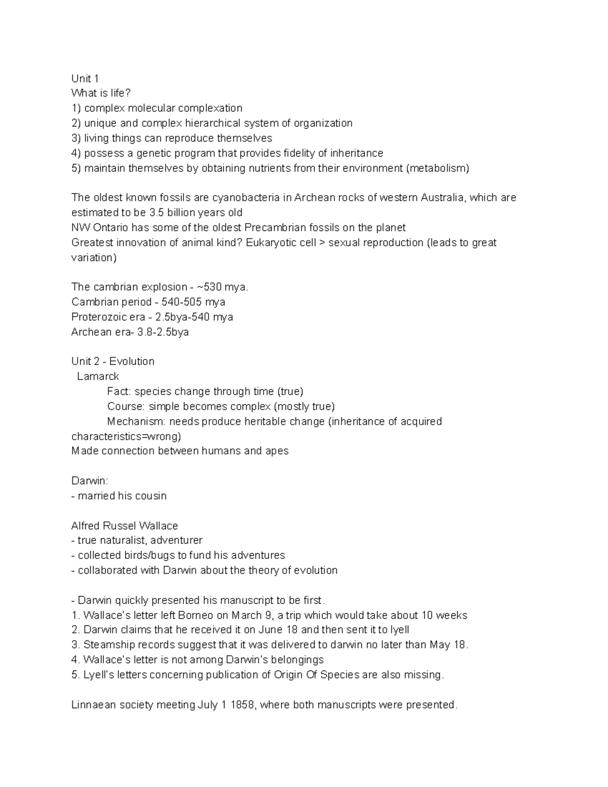BIOL 1110 - Lecture notes all - Unit 1 What is life? 1) complex ...