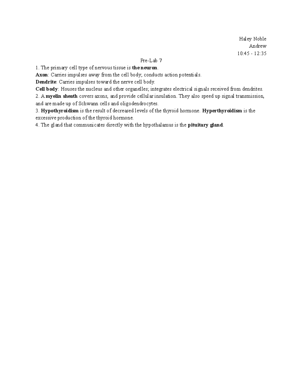 Pre-Lab 7 - Post Lab Assignment Professor Charles J. Sailey - Haley ...