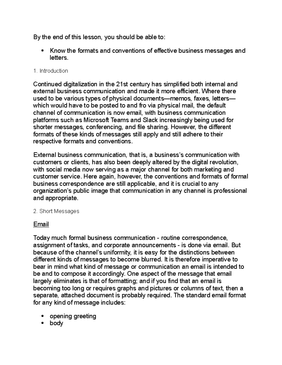 Lesson 1 business messages and letters - By the end of this lesson, you ...