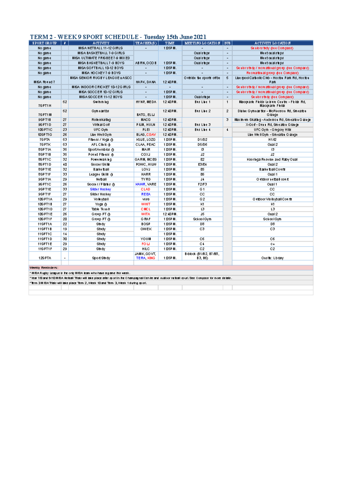 Term 2 Sport Schedule - Term 2 - Week 9 - TERM 2 - WEEK 9 SPORT SCHEDULE - Tuesday 15th June ...