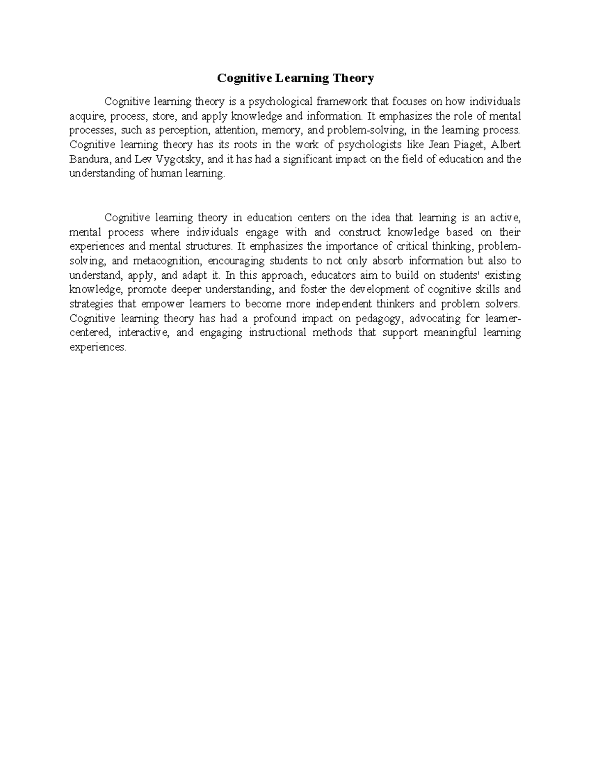 Cognitive Learning Theory - Cognitive Learning Theory Cognitive ...