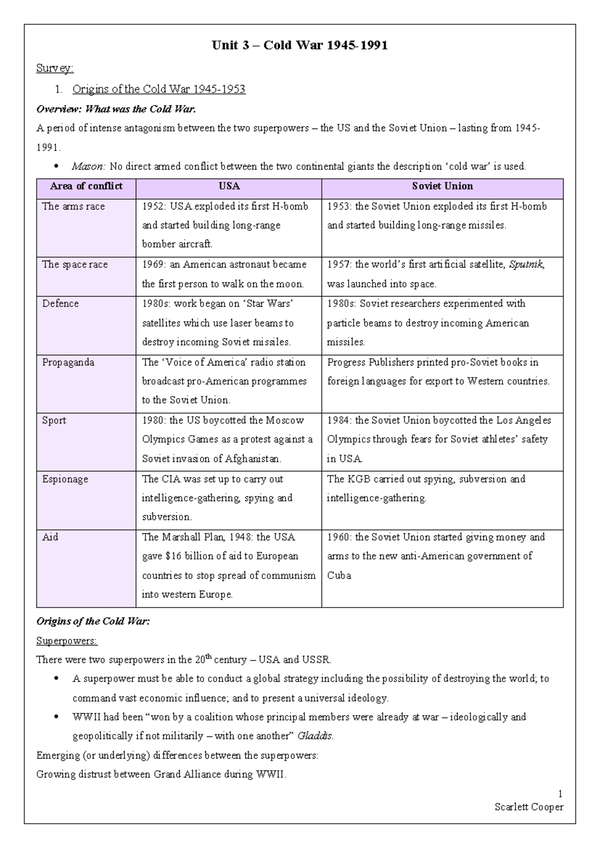 Unit 3 - Cold War - notes - Unit 3 – Cold War 1945- Survey: 1. Origins ...