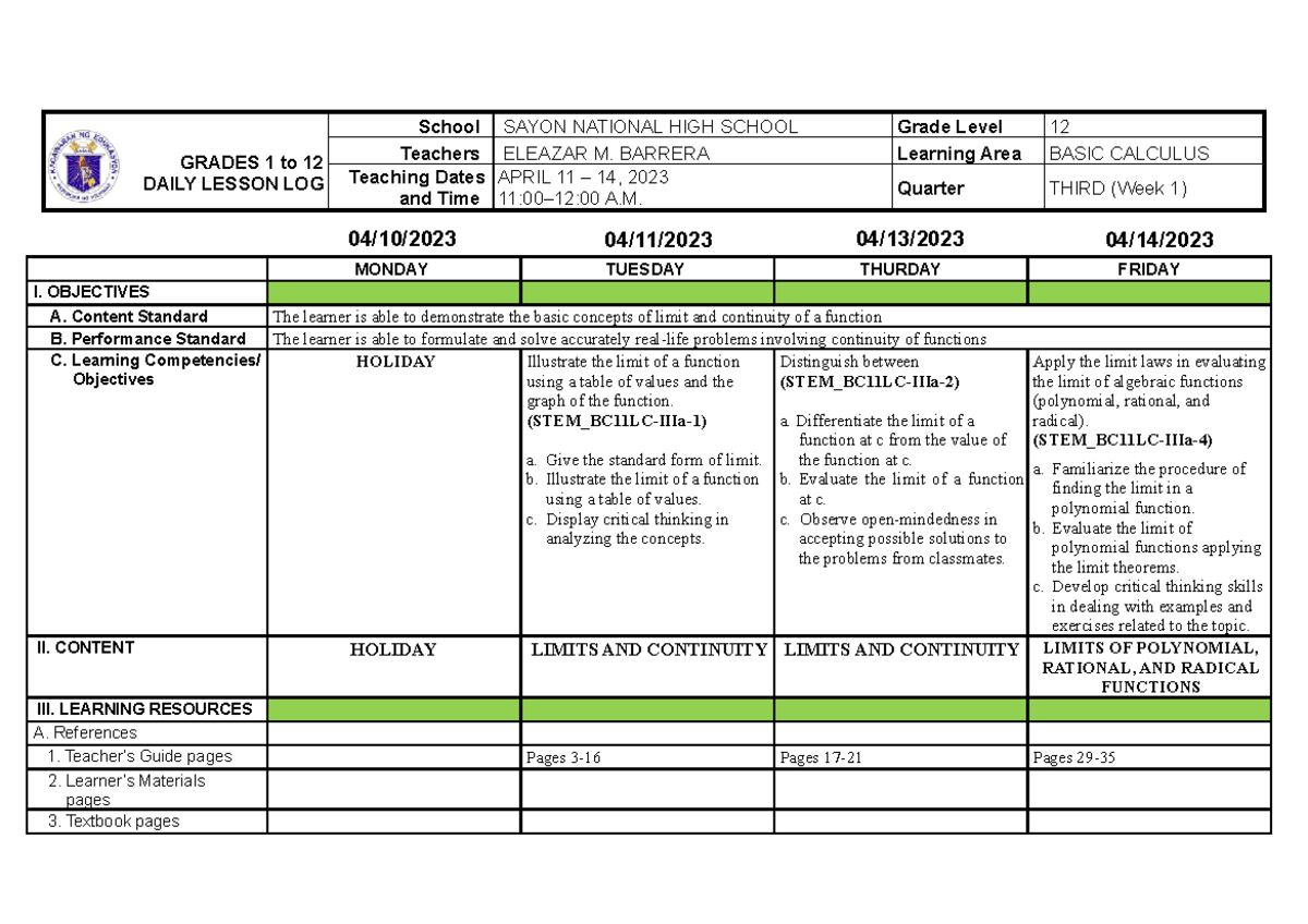 Basic CAL DLL Q3-W1 - DLL - GRADES 1 to 12 DAILY LESSON LOG School ...