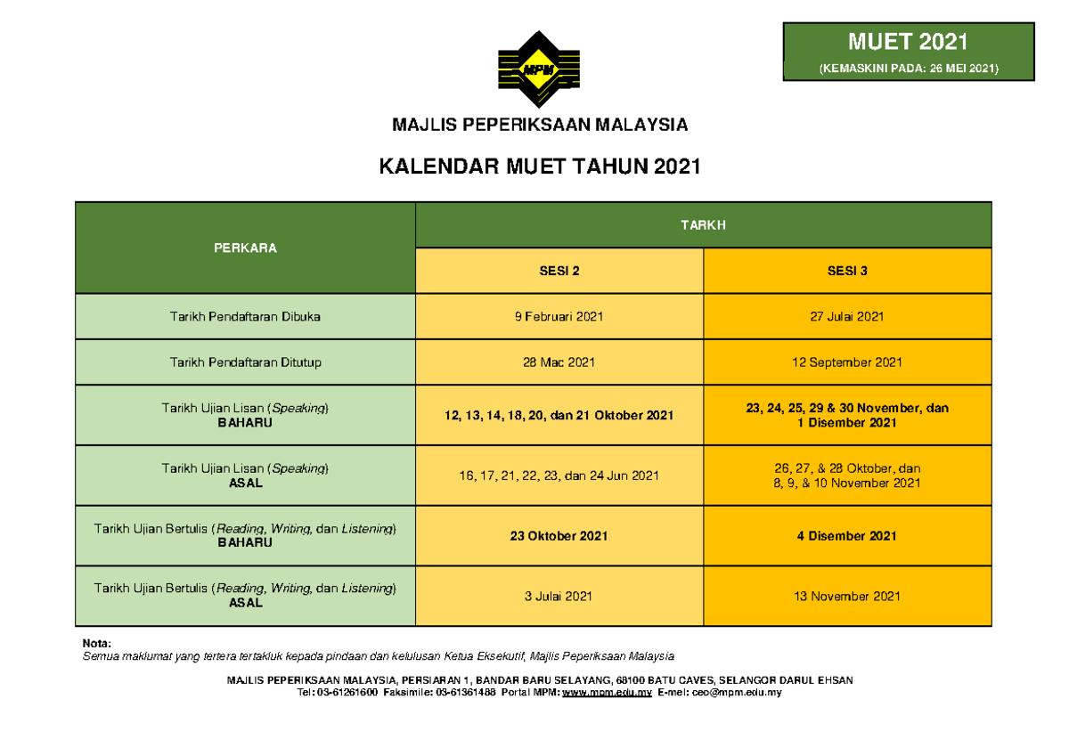 Kalendar MUET Tahun 2021 - Edisi 2652021 Portal - MAJLIS PEPERIKSAAN ...