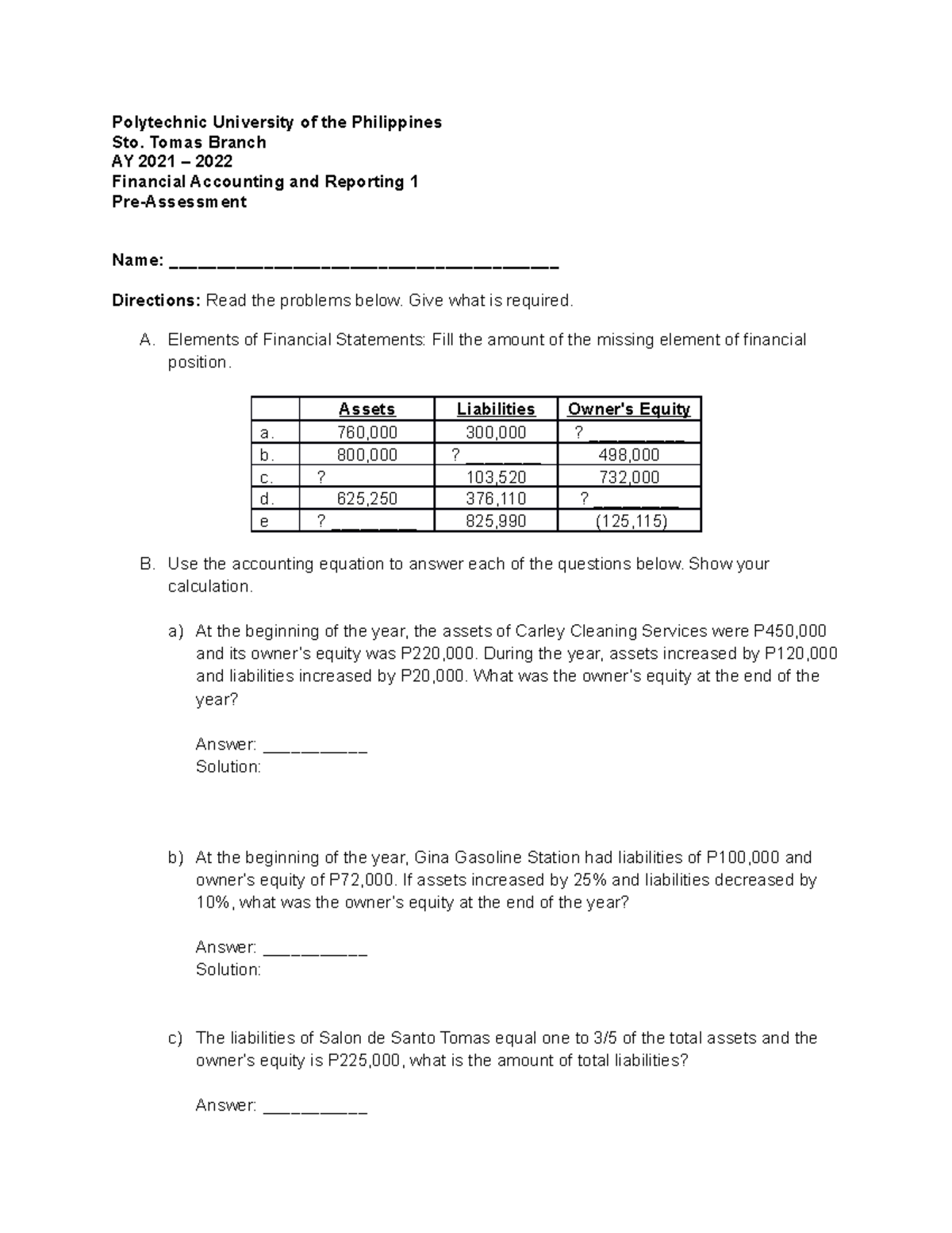 PUP College BSA Accounting Basic Preparatory Assessment for ...