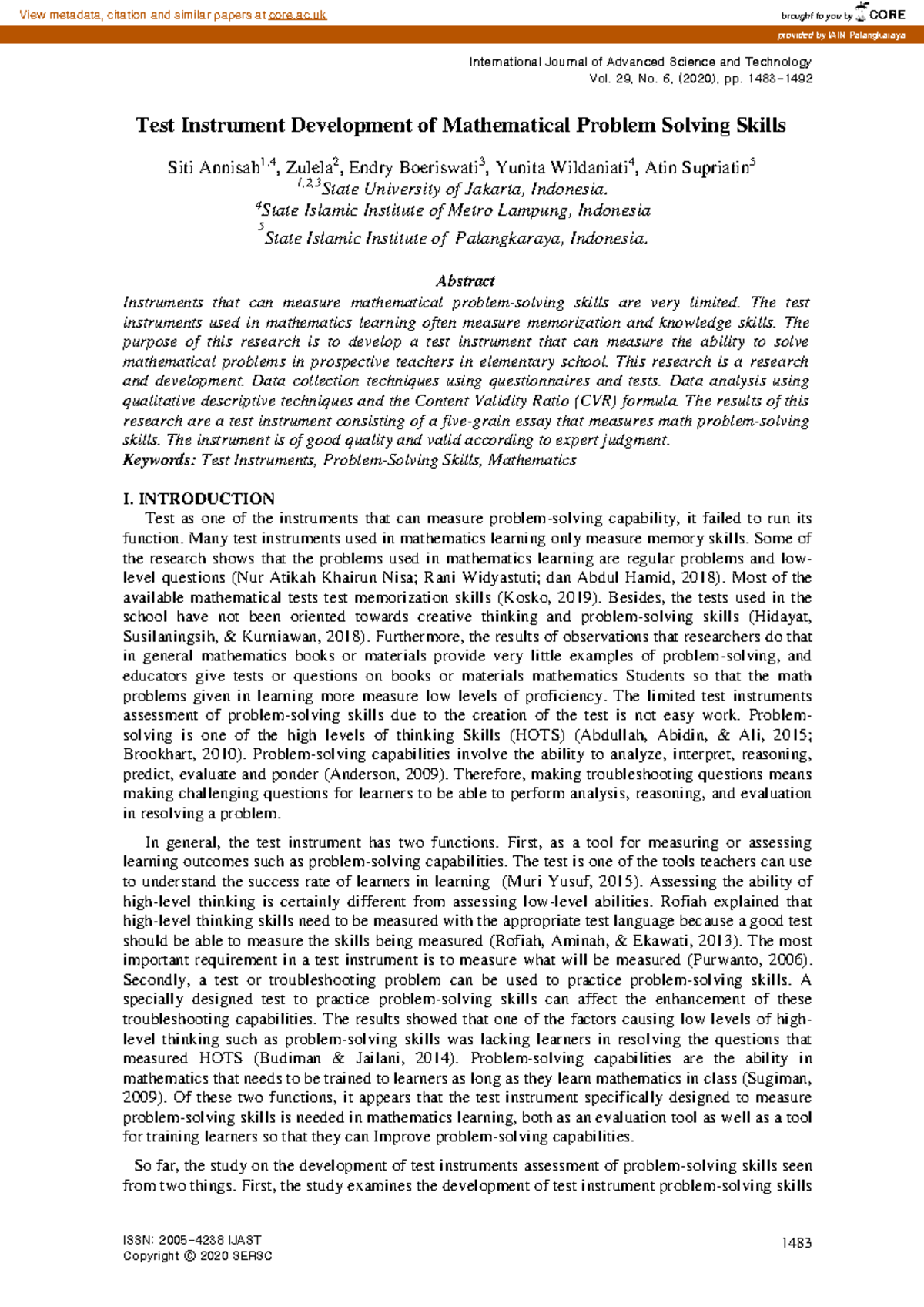 Test Instrument development of mathematical problem solving skills ...
