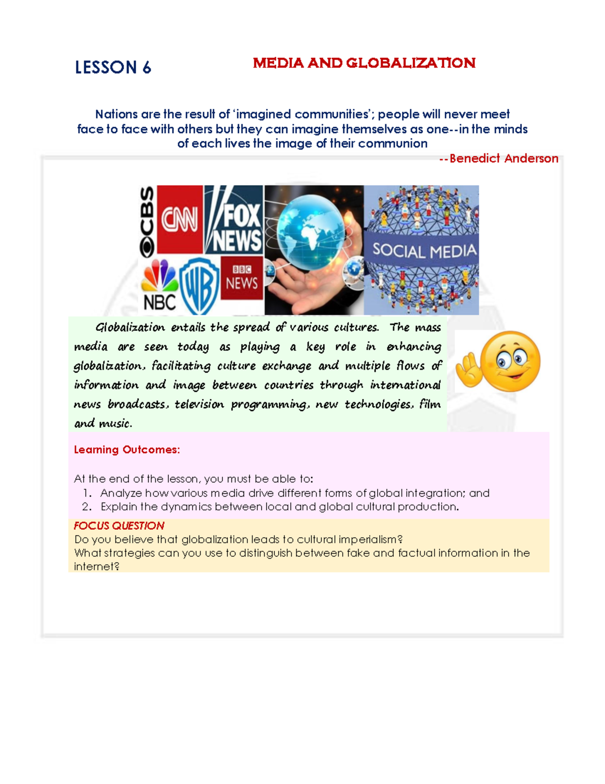 Lesson 6 Discussion - UNIT 1 - LESSON 6 MEDIA AND GLOBALIZATION Nations ...