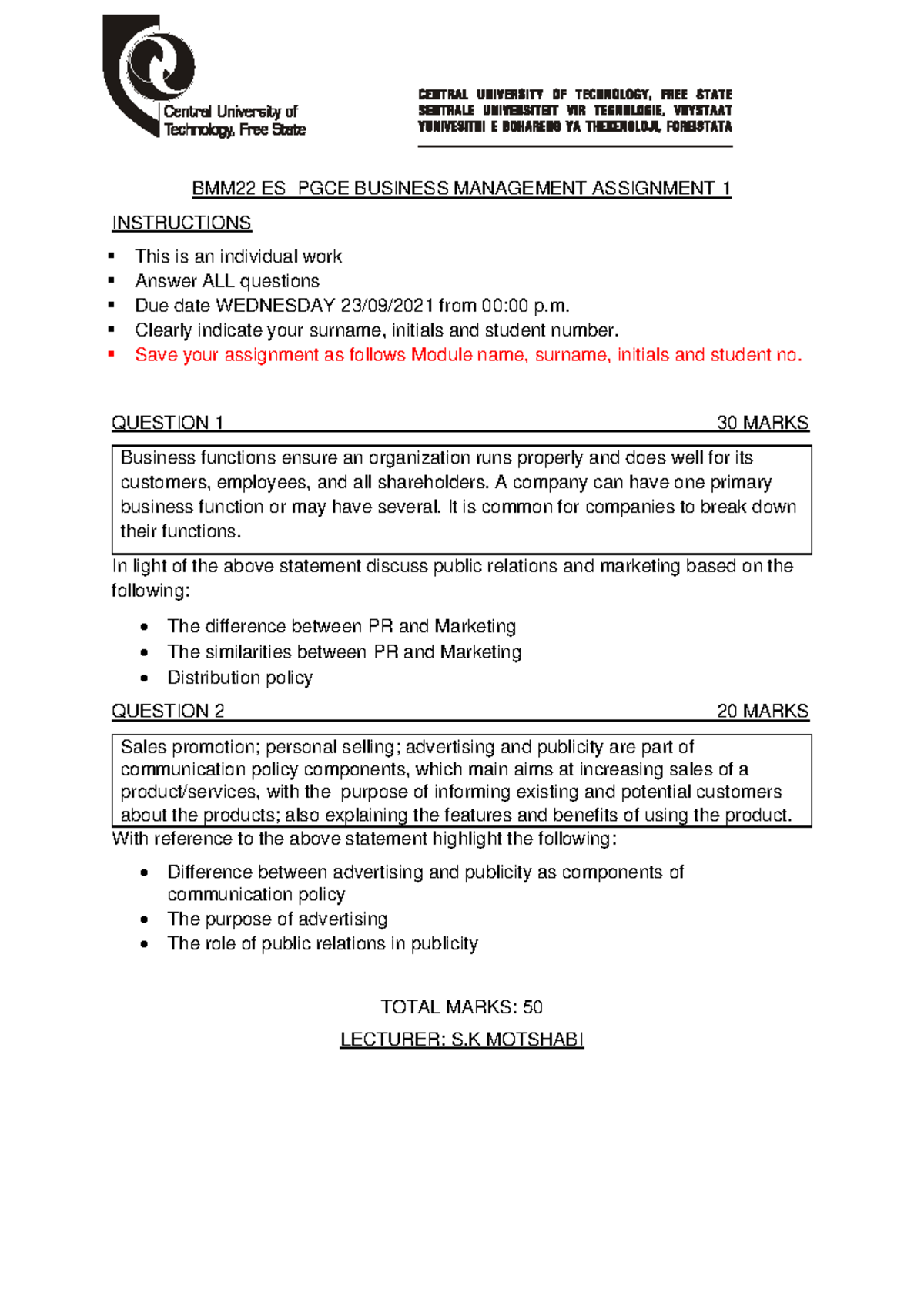 BMM22ES Assignment 1 2024 - BMM22 ES_PGCE BUSINESS MANAGEMENT ...