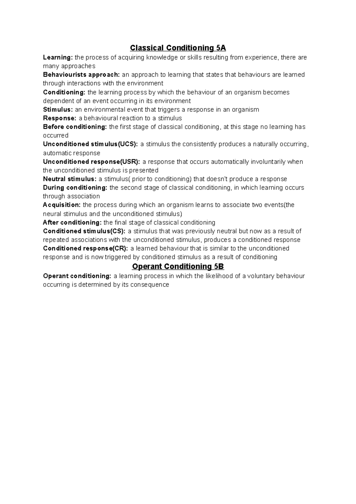 Psych Unit 3 - AOS2 - Classical Conditioning 5A Learning: the process ...