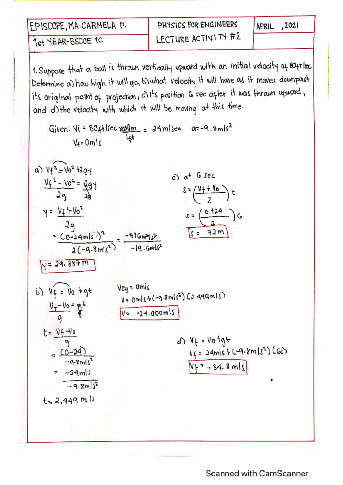Physics FOR Engineers - Lec Act2 - BSCE-BS in Civil Engineering - Studocu