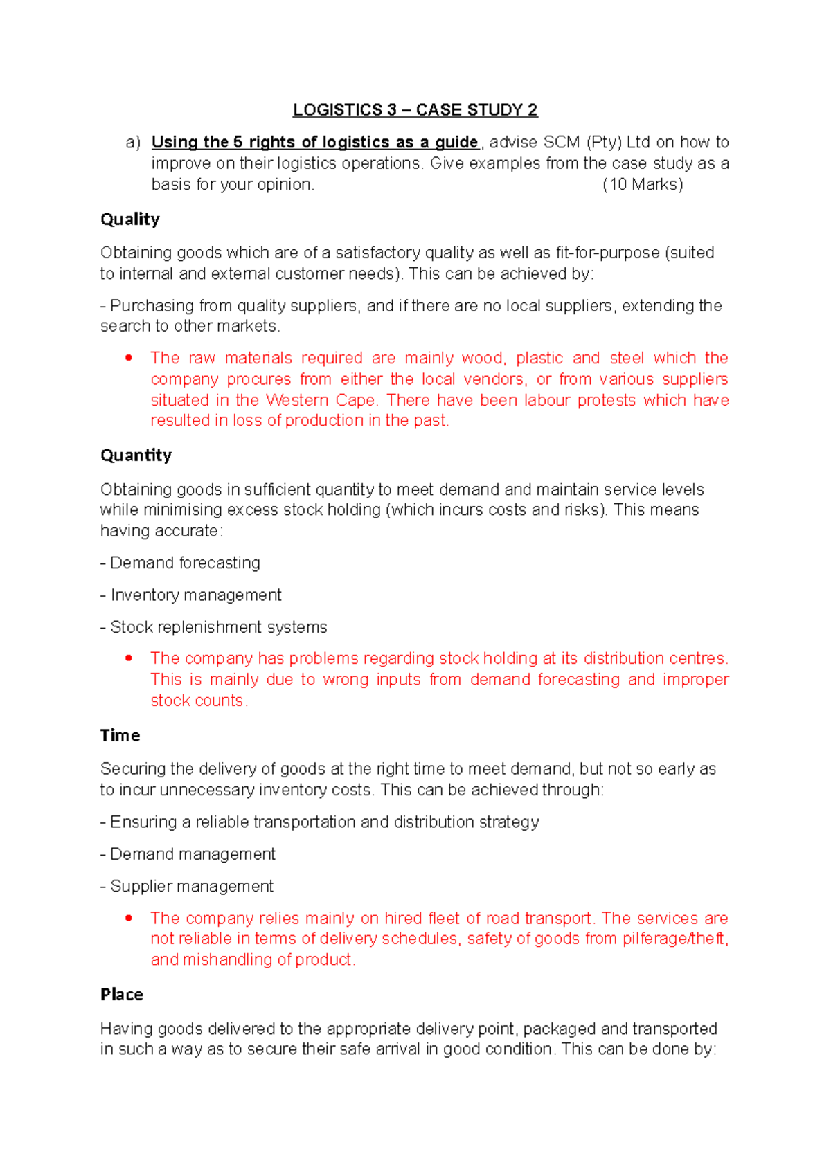Logistics 3 Case study 2 - MEMO - LOGISTICS 3 – CASE STUDY 2 a) Using ...