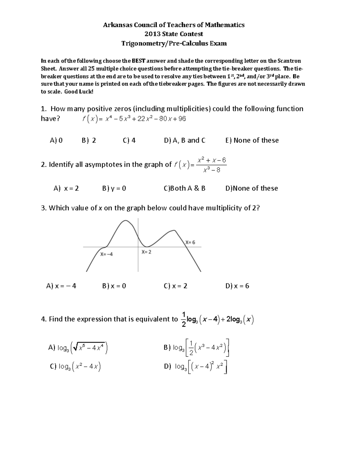 Pre calculus 2013 - 2013 State Contest Trigonometry/Pre-Calculus Exam ...
