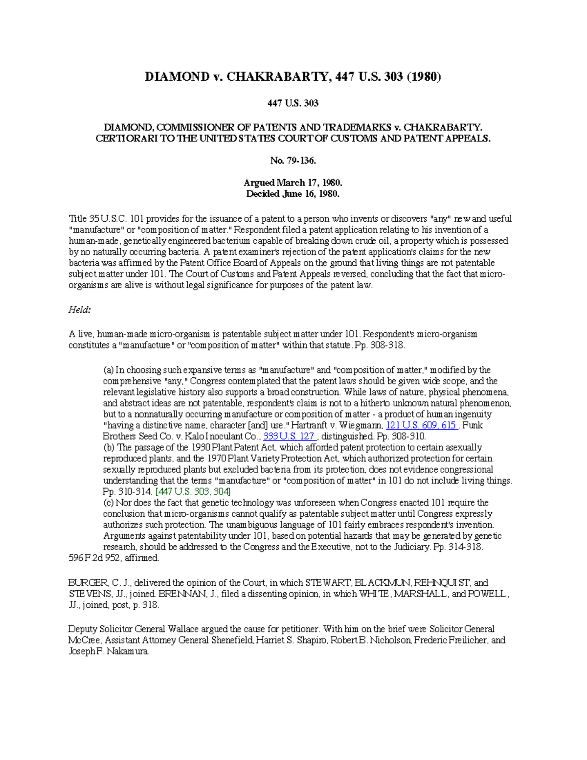 Diamond-v-Chakrabarty - DIAMOND v. CHAKRABARTY, 447 U. 303 (1980) 447 U ...