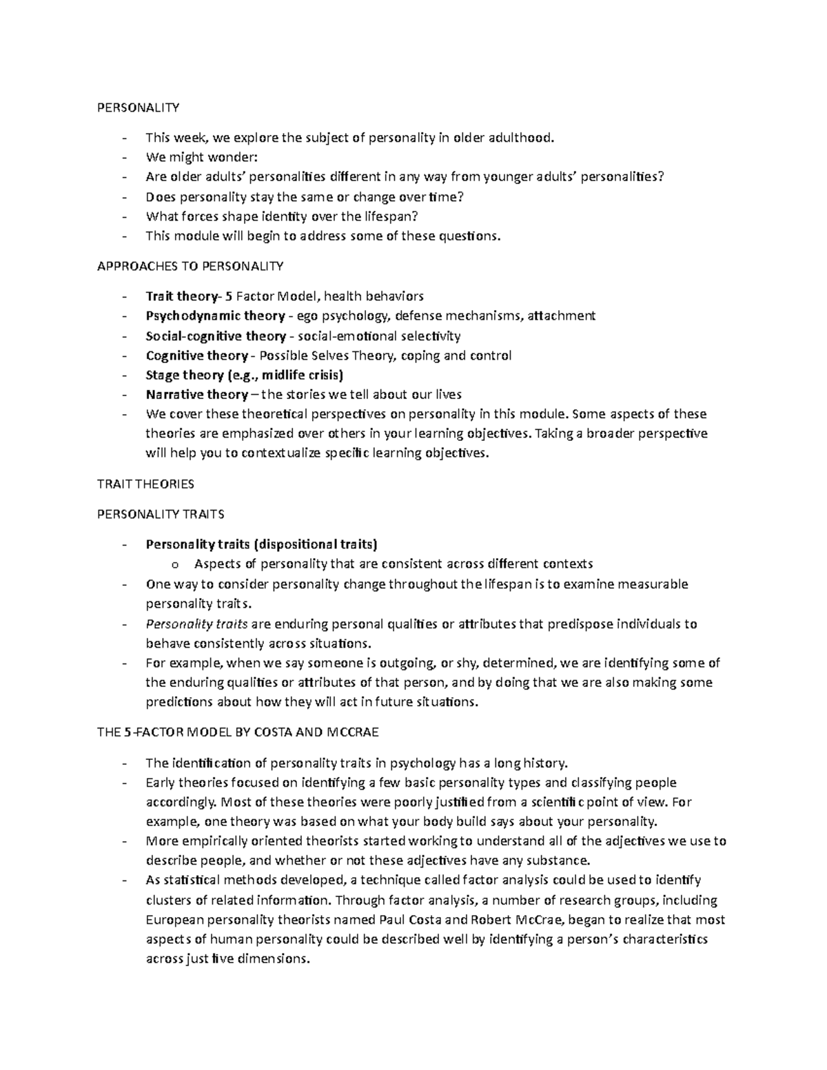 Module 7 - Lecture Notes - PERSONALITY This week, we explore the ...