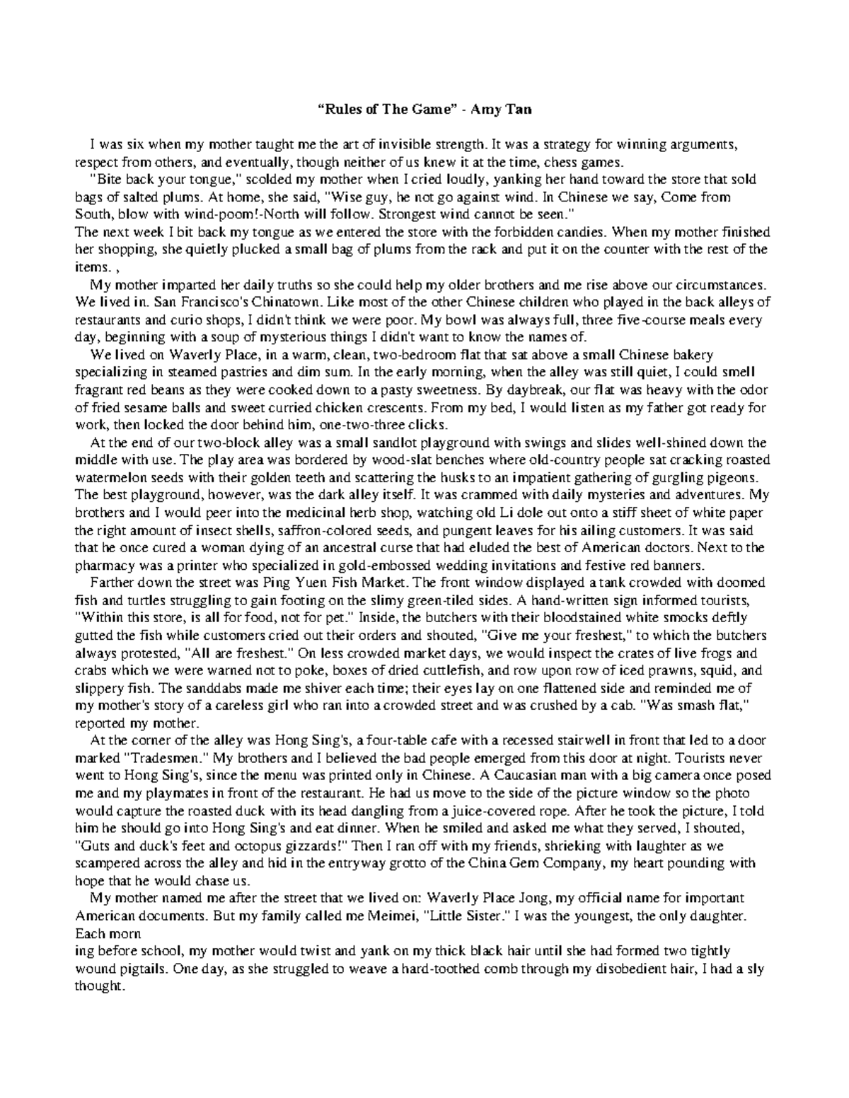 “Rules of The Game” - Amy Tan - It was a strategy for winning arguments ...