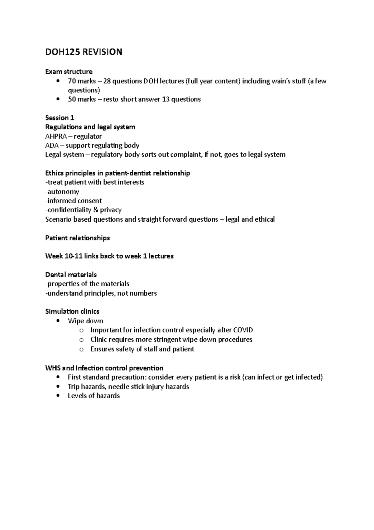 DOH125 Revision - DOH125 REVISION Exam structure 70 marks – 28 questions DOH lectures (full year ...