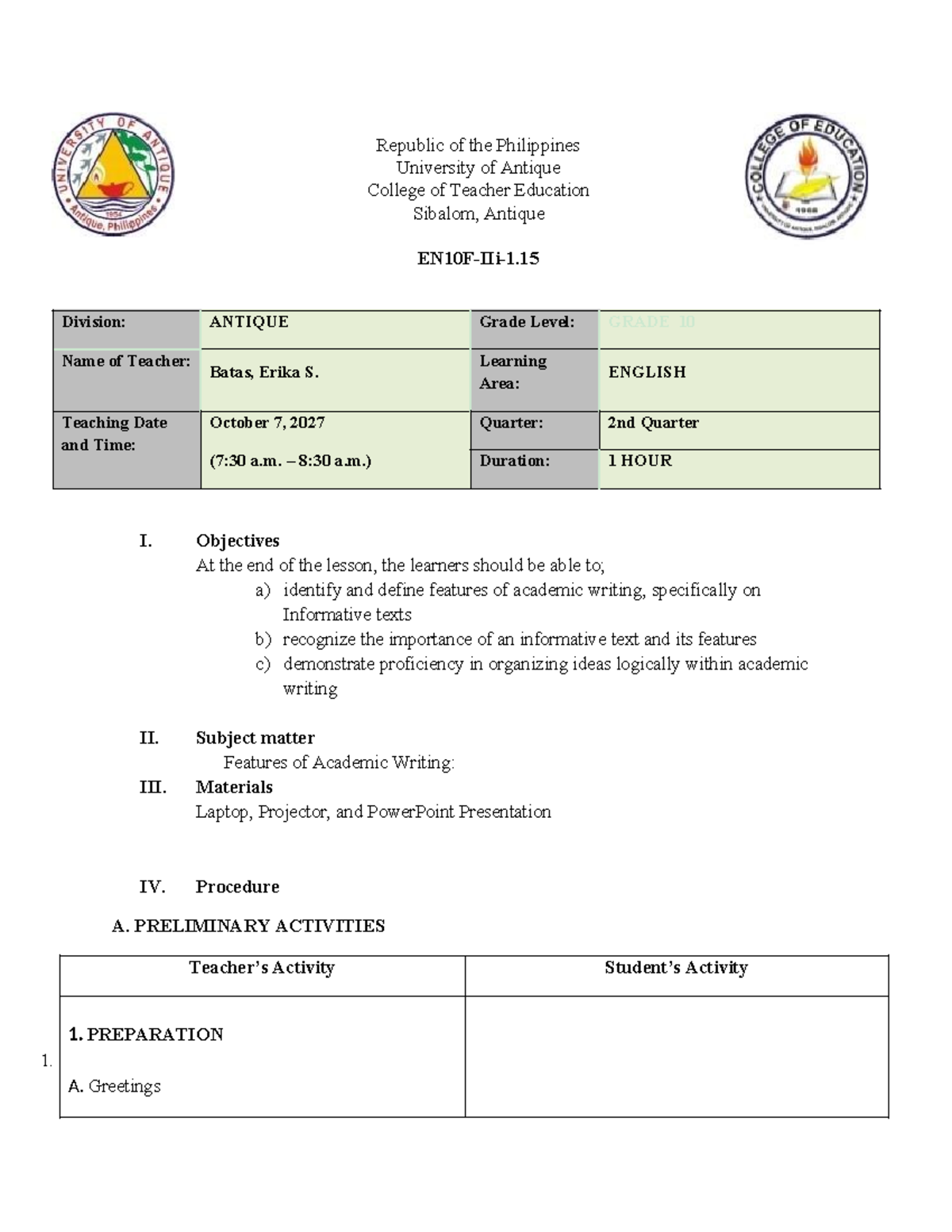 Writing LP - Republic of the Philippines University of Antique College ...