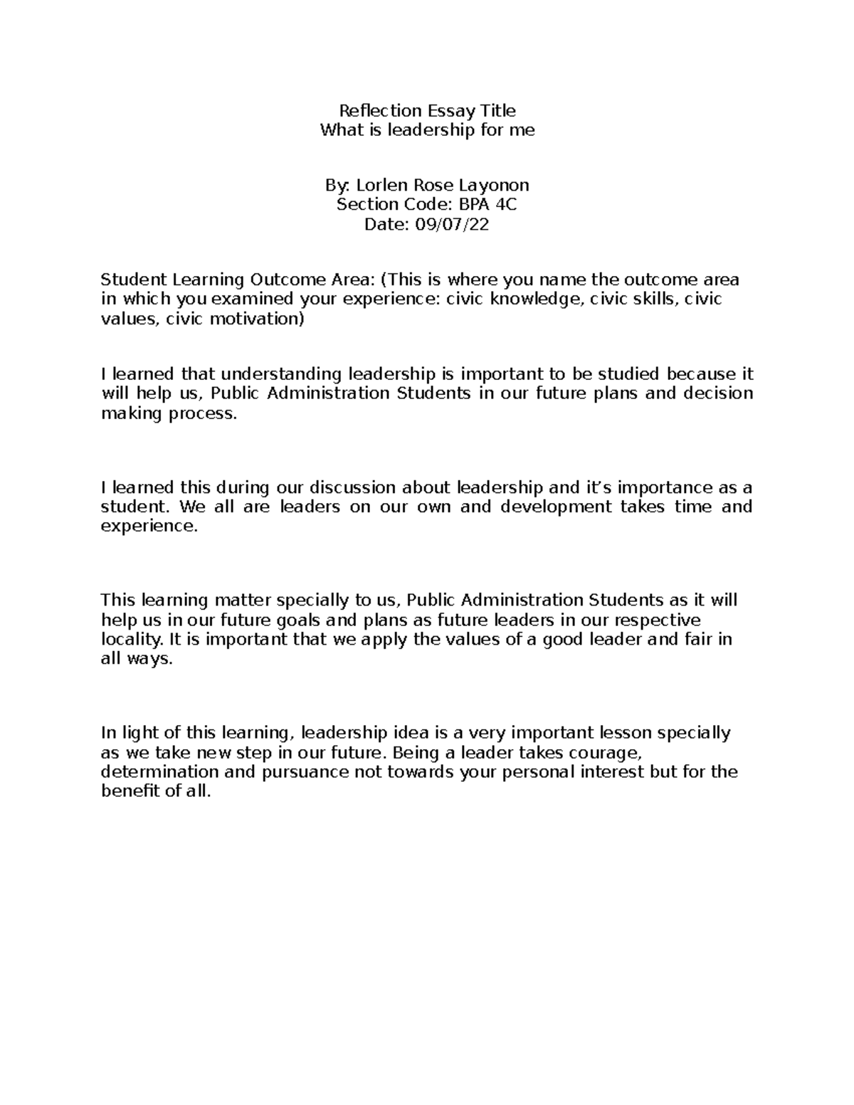 Reflective Essay final 1 - Reflection Essay Title What is leadership ...