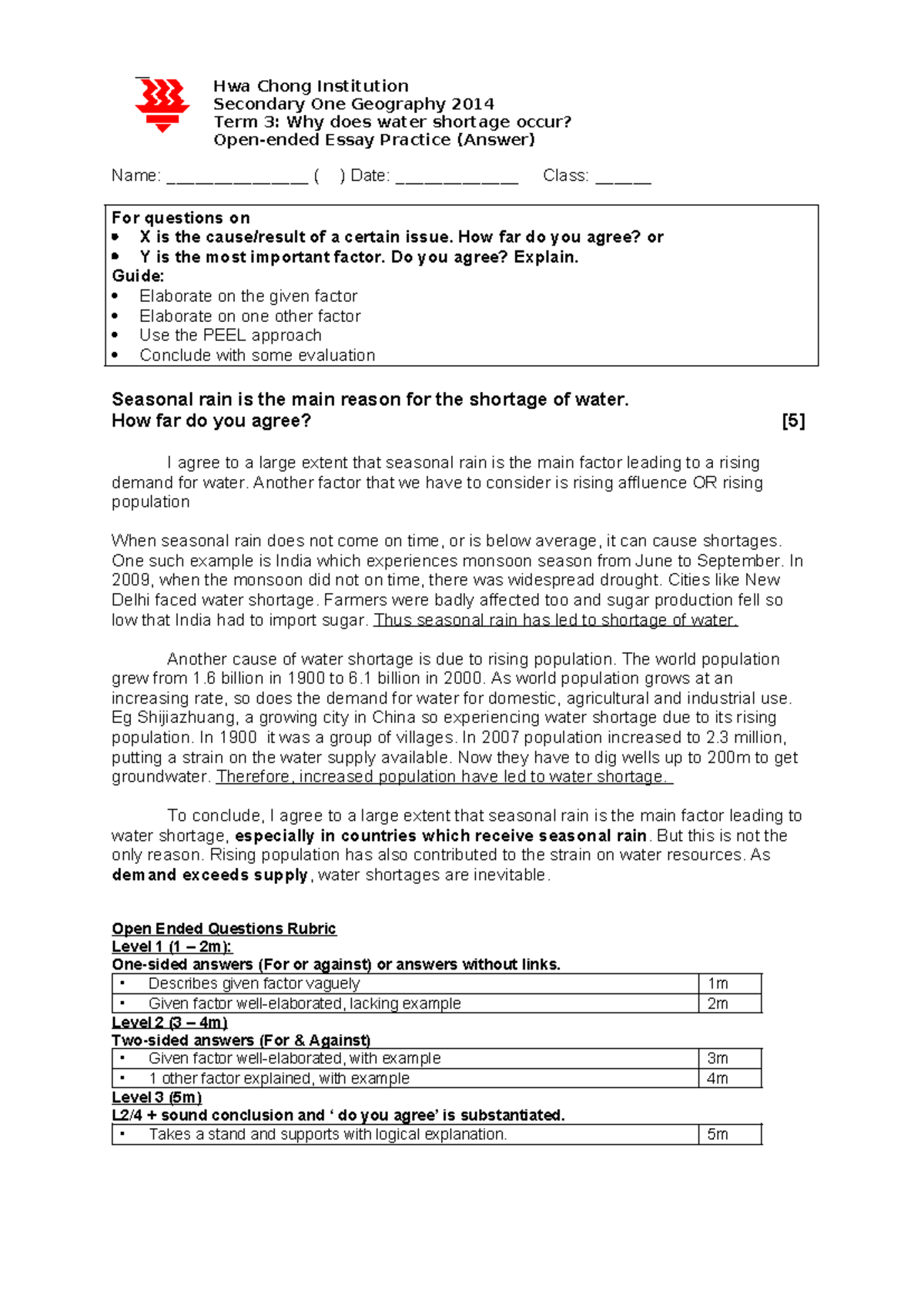 Worksheet 4 open ended sample water shortage Answer - Hwa Chong ...