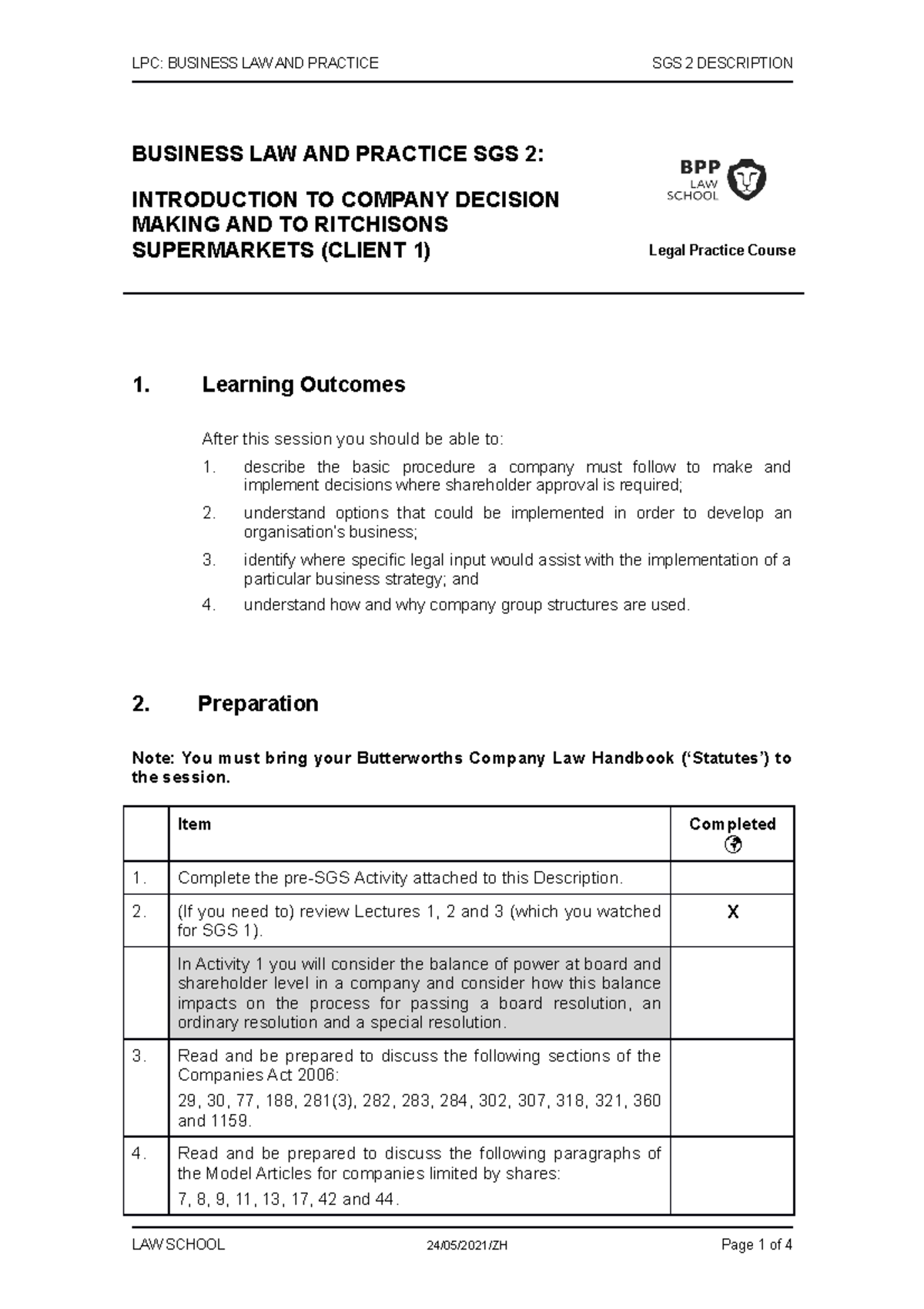 BLP SGS 2 - DDDD - LPC: BUSINESS LAW AND PRACTICE SGS 2 DESCRIPTION BUSINESS LAW AND PRACTICE ...
