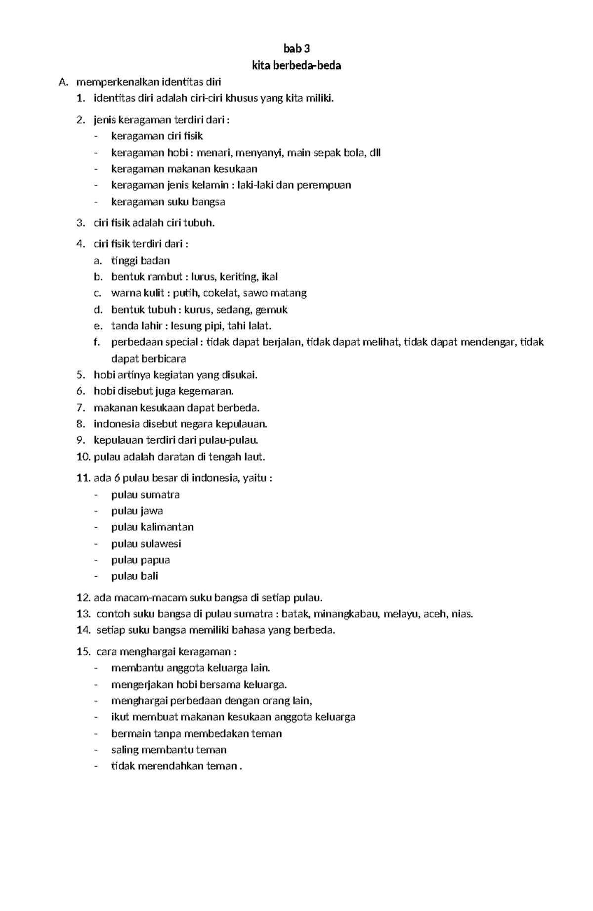 Catatan bab 3 Pancasila kelas 1 - bab 3 kita berbeda-beda A ...