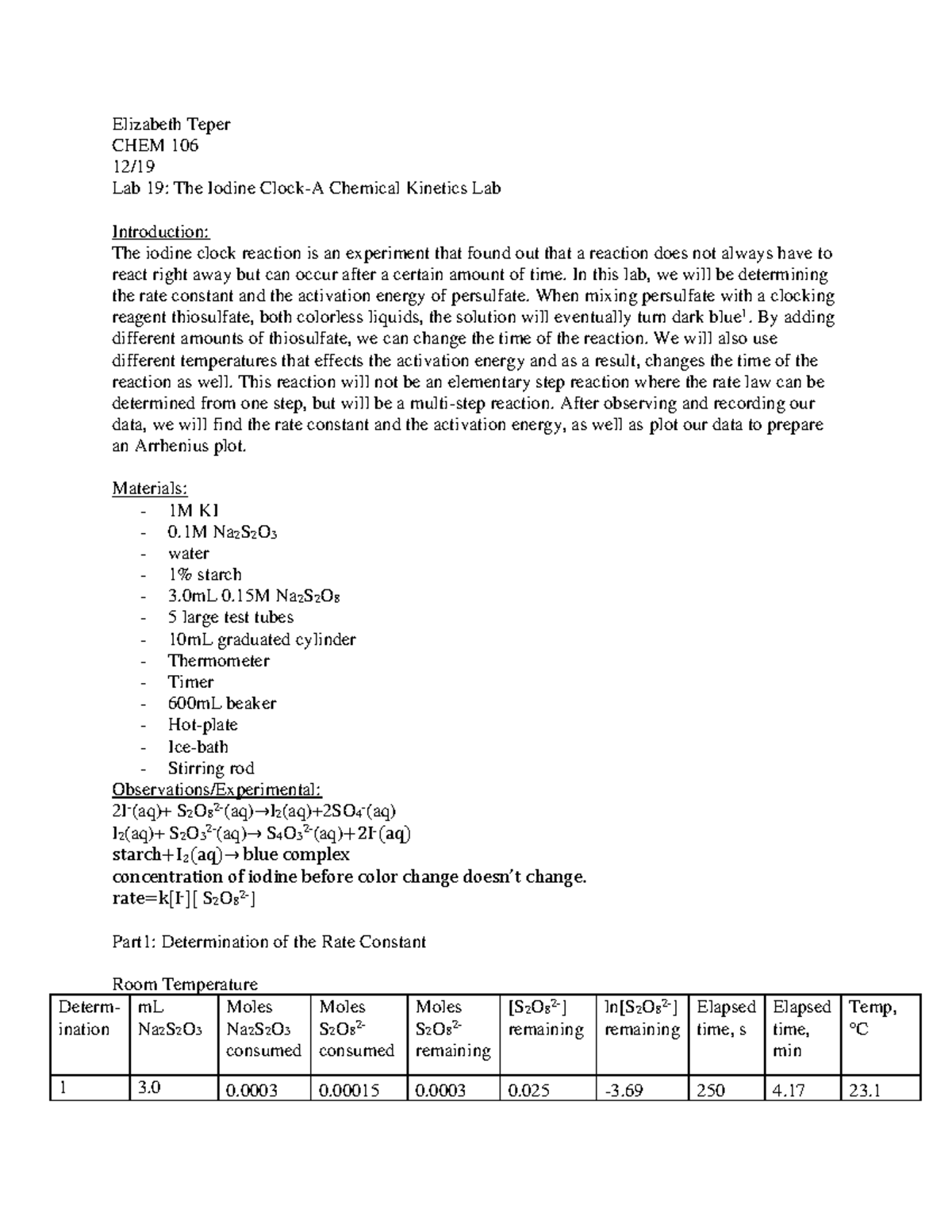 Lab 19: The Iodine Clock - Elizabeth Teper CHEM 106 12/ Lab 19: The ...