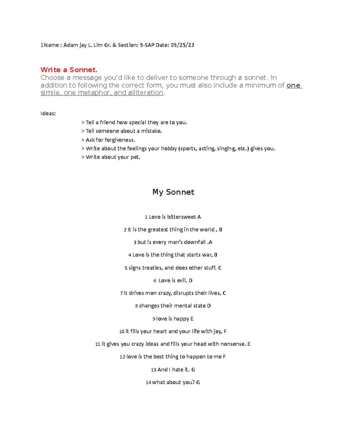 Sonnet Writing - 1Name : Adam jay L. Lim Gr. & Section: 9-SAP Date: 09 ...