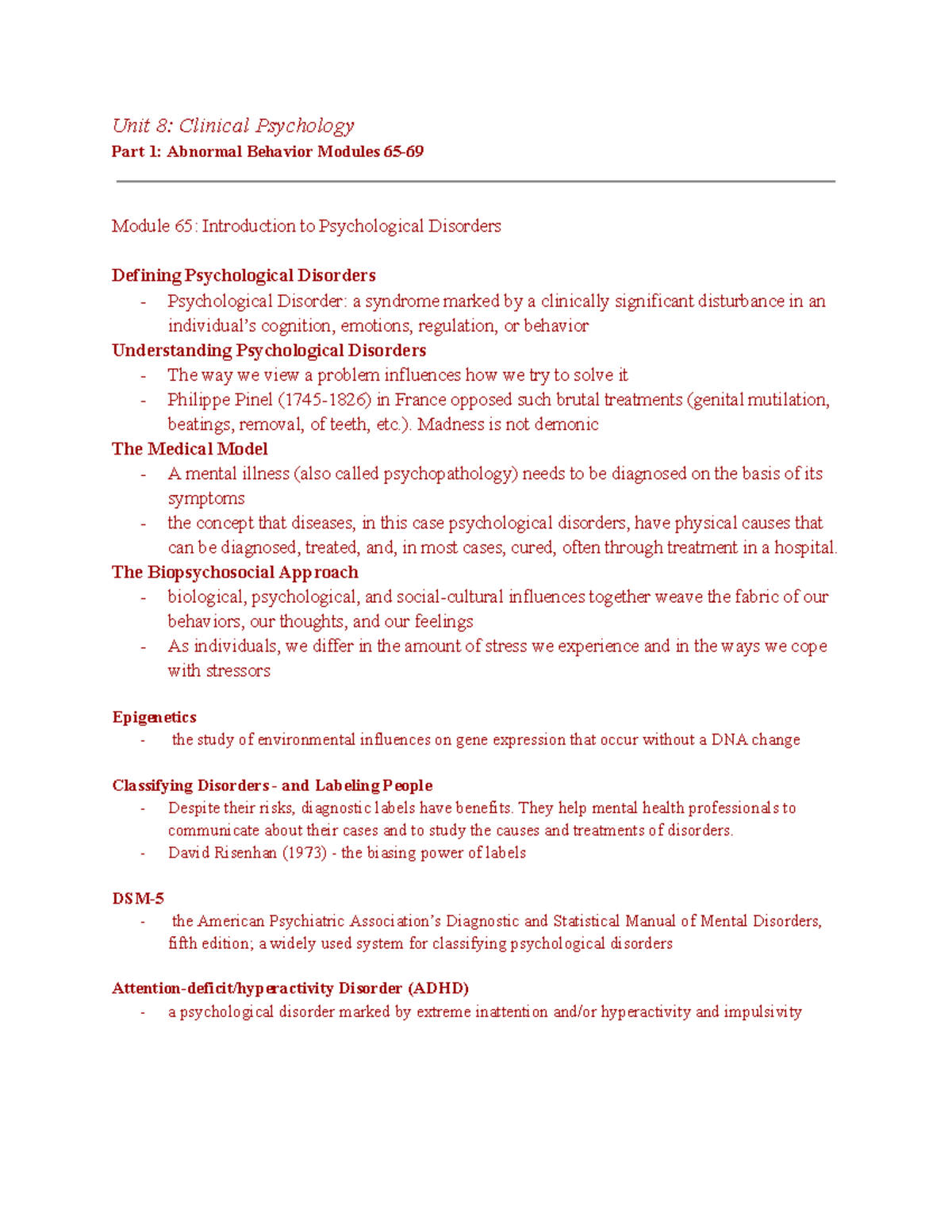 Unit 8 modules outline - Unit 8: Clinical Psychology Part 1: Abnormal ...
