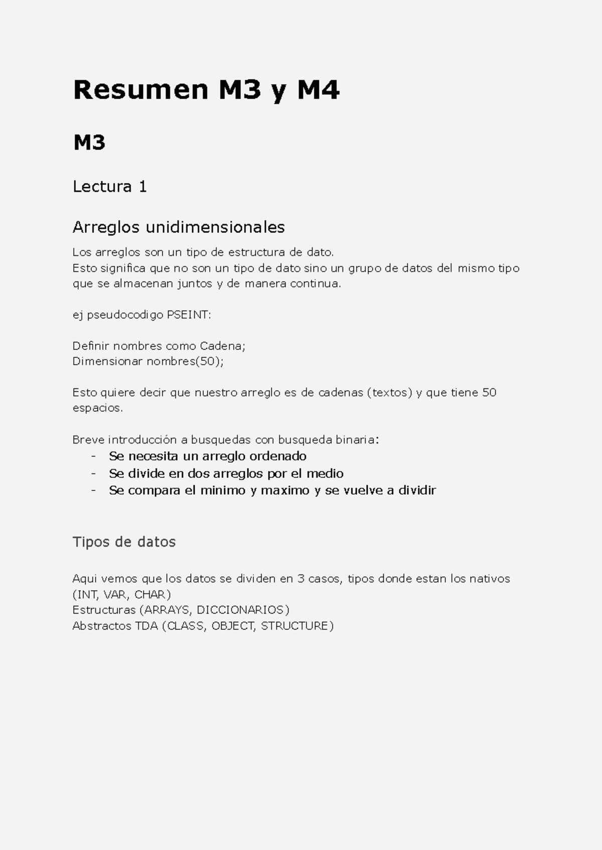 Programacion M3 y M4 - Resumen - Resumen M3 y M M Lectura 1 Arreglos unidimensionales Los ...