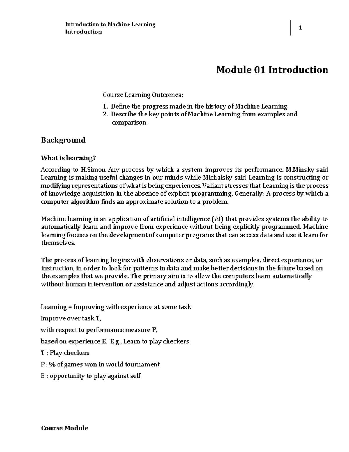 IML Module 1 - HINDOT - Introduction to Machine Learning Introduction 1 Course Module Module 01 ...
