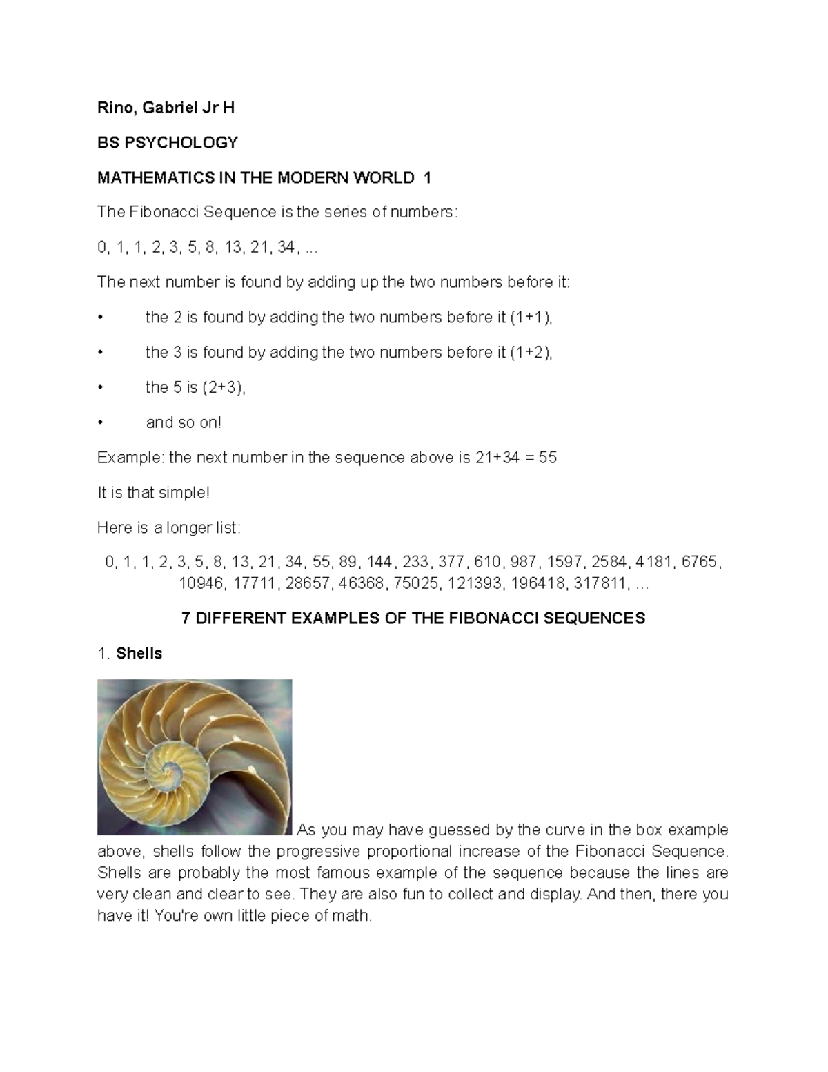 Fibonacci Sequences RINO - Rino, Gabriel Jr H BS PSYCHOLOGY MATHEMATICS ...