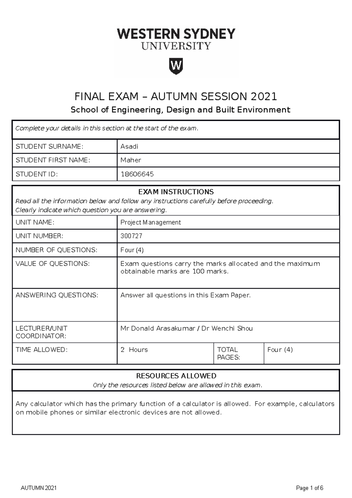300727 Project Management - final exam - 2021AUT - FINAL EXAM – AUTUMN ...