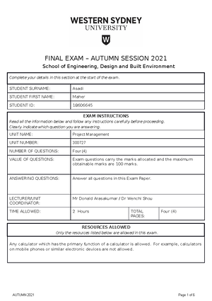 Project Management Final Exam - FINAL EXAM – AUTUMN SESSION 2021 School ...