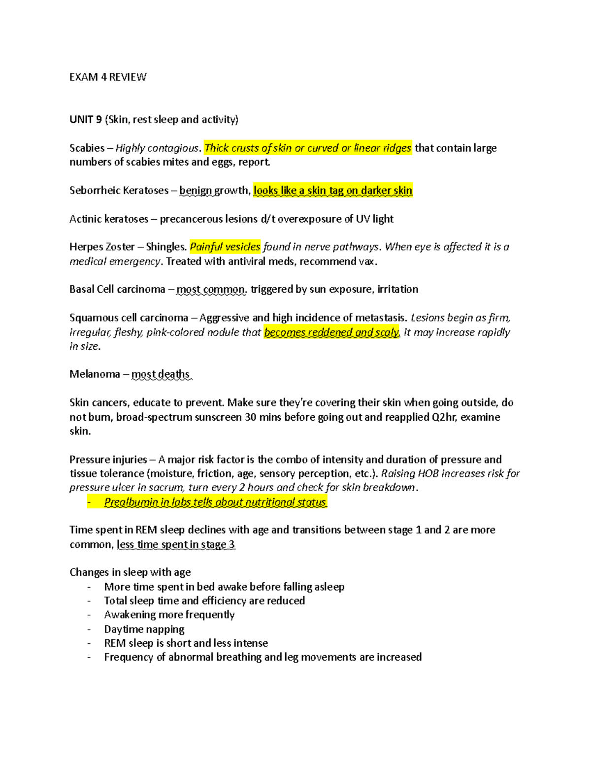 EXAM 4 Study Guide - asdsd - EXAM 4 REVIEW UNIT 9 (Skin, rest sleep and ...