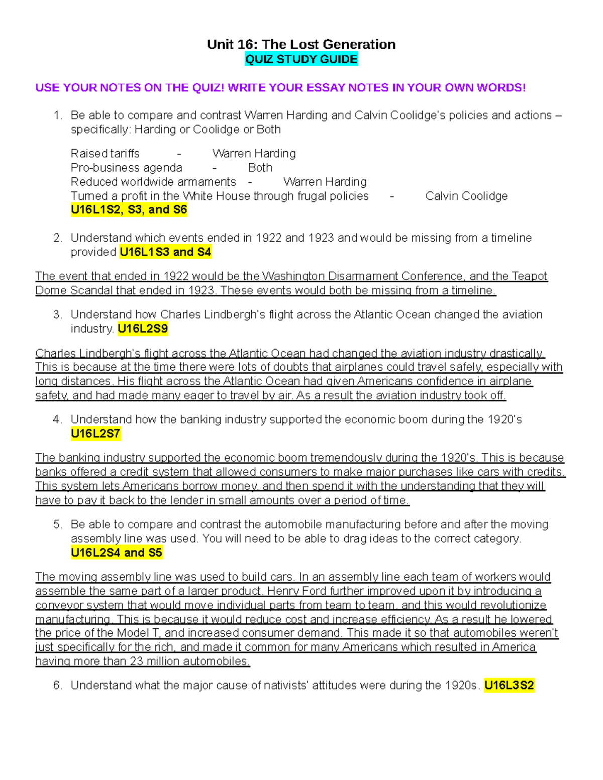 United States History 11 - Unit 16 Quiz Study Guide - Unit 16: The Lost ...