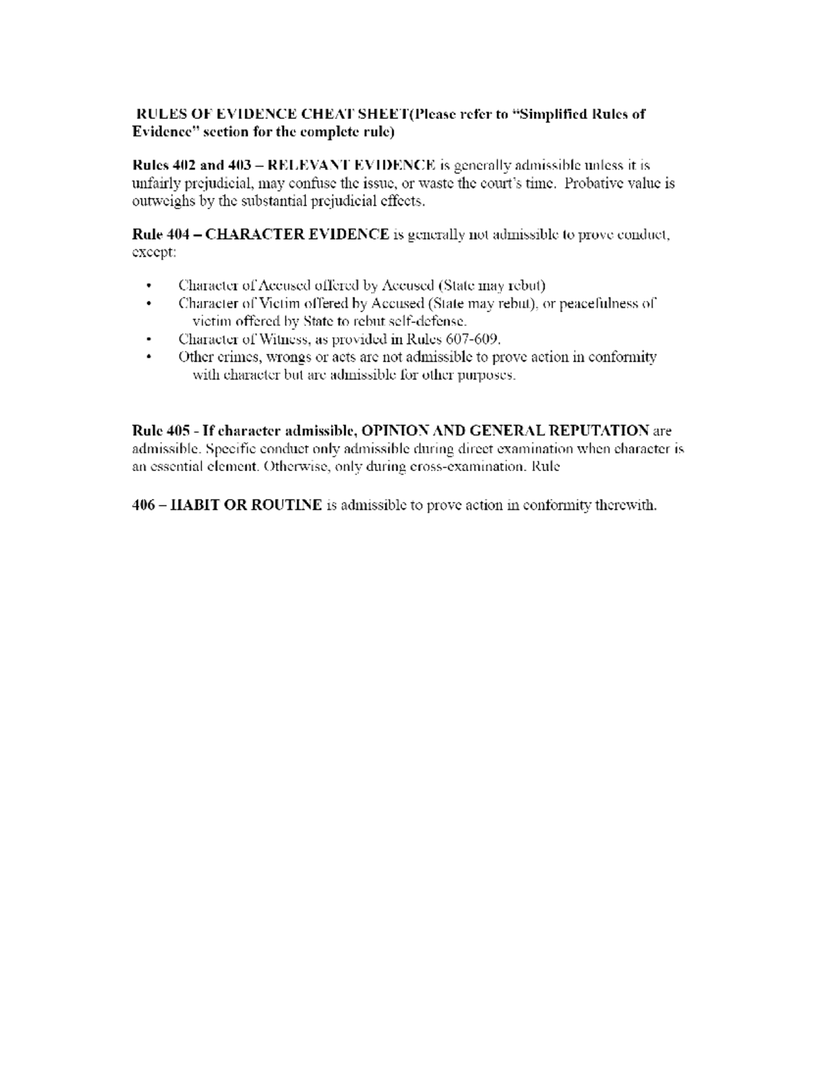 Federal Rules of Evidence Cheat Sheet - RULES OF EVIDENCE CHEAT SHEET ...