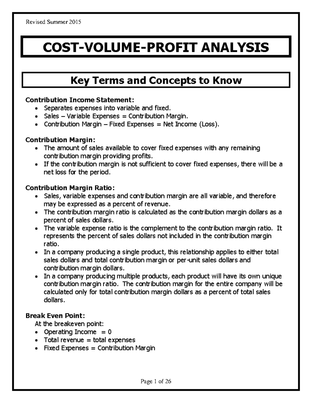 Cost Volume Profit Exercise Problems COST VOLUME PROFIT ANALYSIS Key 