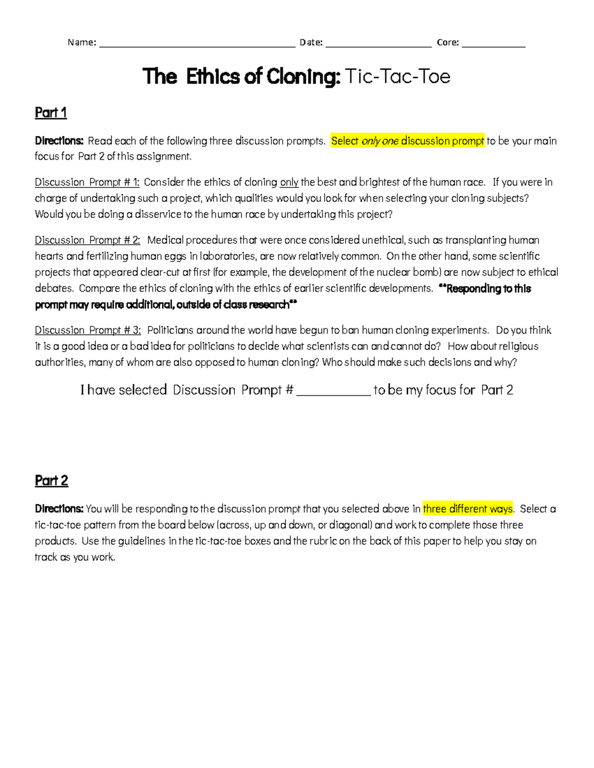 U7 The Ethics of Cloning-Tic Tac Toe ( Formal) - The Ethics of Cloning ...