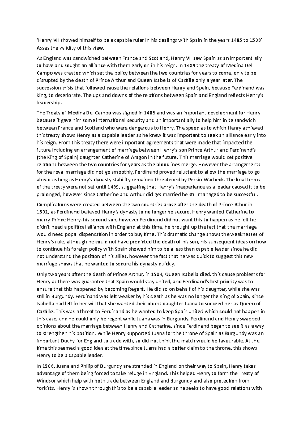 Foreign Policy Essay - ‘Henry VII showed himself to be a capable ruler ...