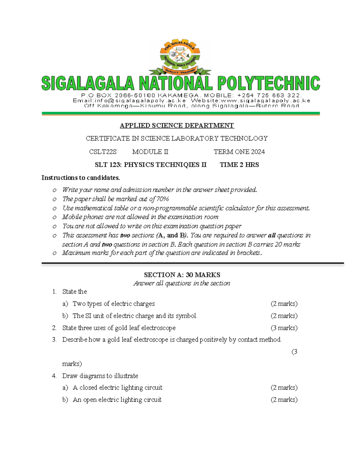 CSLT22S-PHYC TEC II - APPLIED SCIENCE DEPARTMENT CERTIFICATE IN SCIENCE ...