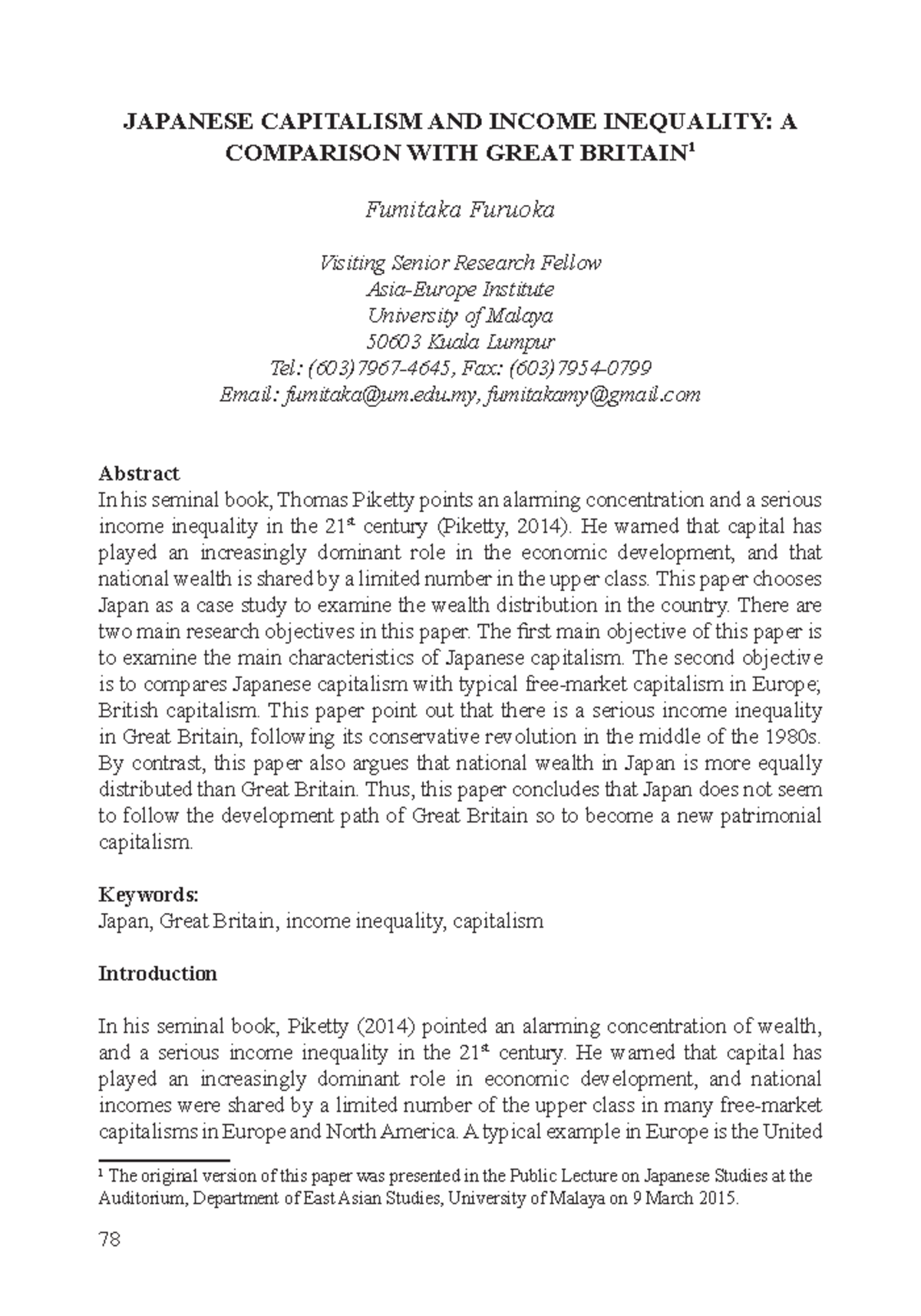 Japanese Capitalism and Income Inequality A Comparison with Great ...