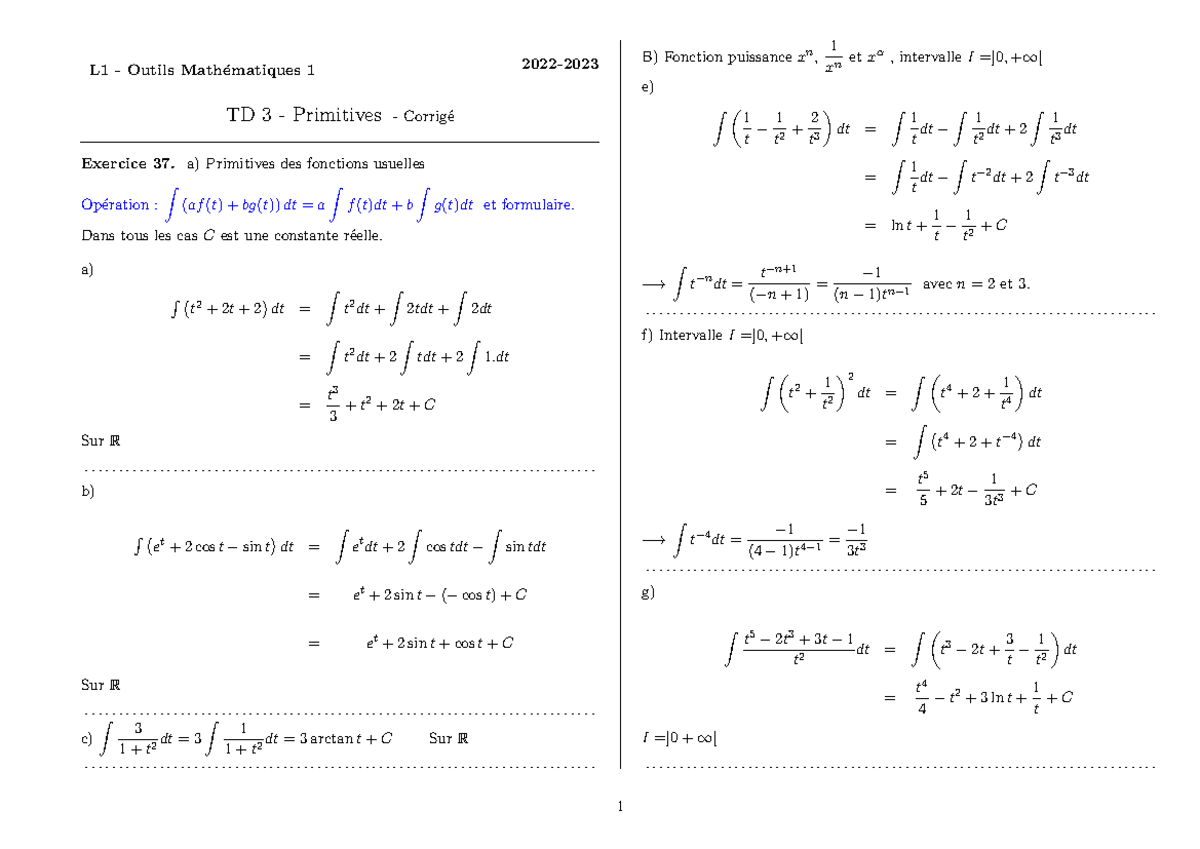 OS TD3 cor - primitive - L1 - Outils Math ́ematiques 1 2022- TD 3 - Primitives - Corrig ́e ...