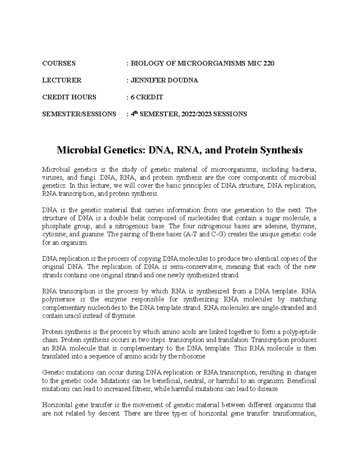 Genetics DNA, RNA, and Protein Synthesis - COURSES : BIOLOGY OF ...