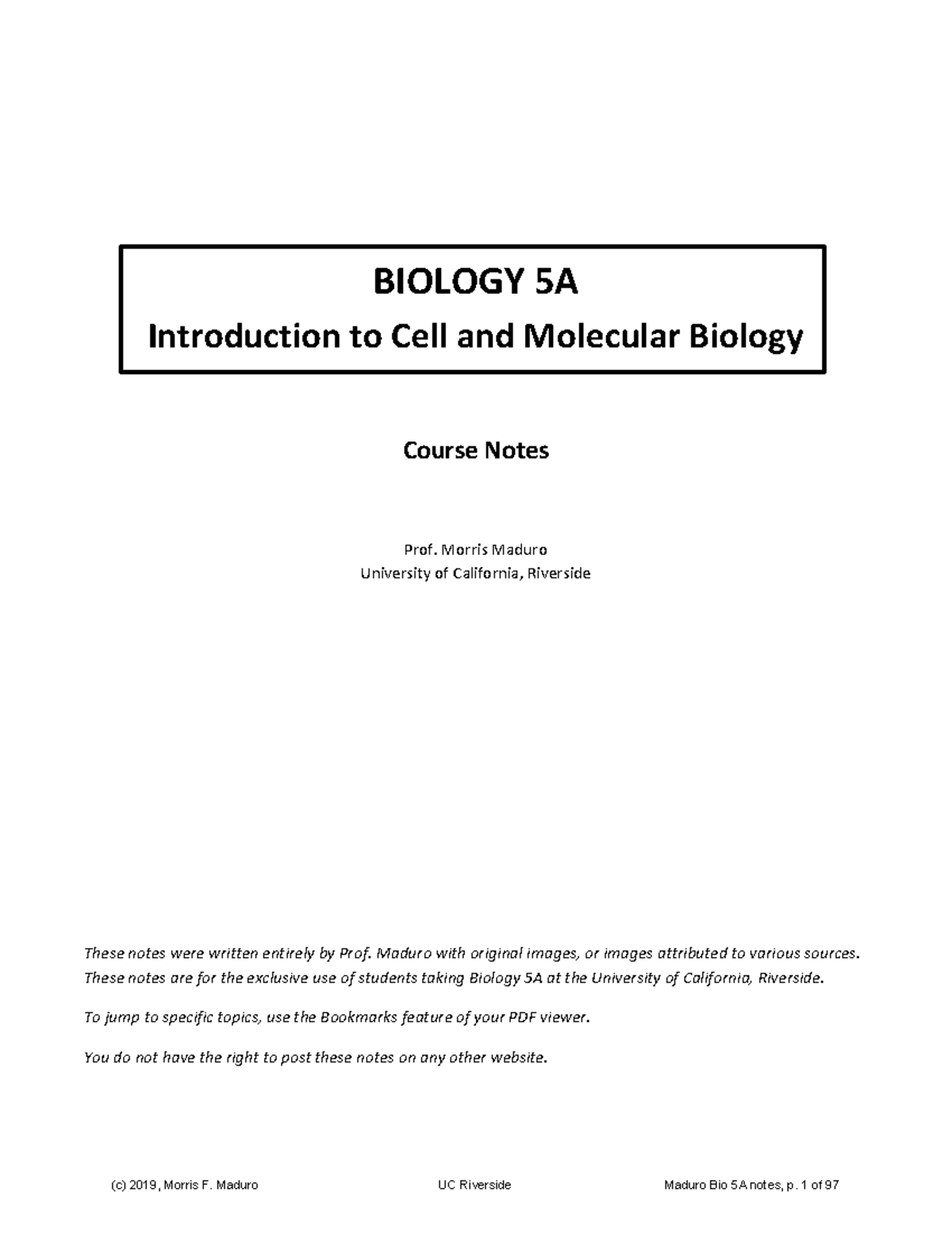 Biol005A(19W)Maduro Notes - BIOLOGY 5A Introduction to Cell and ...